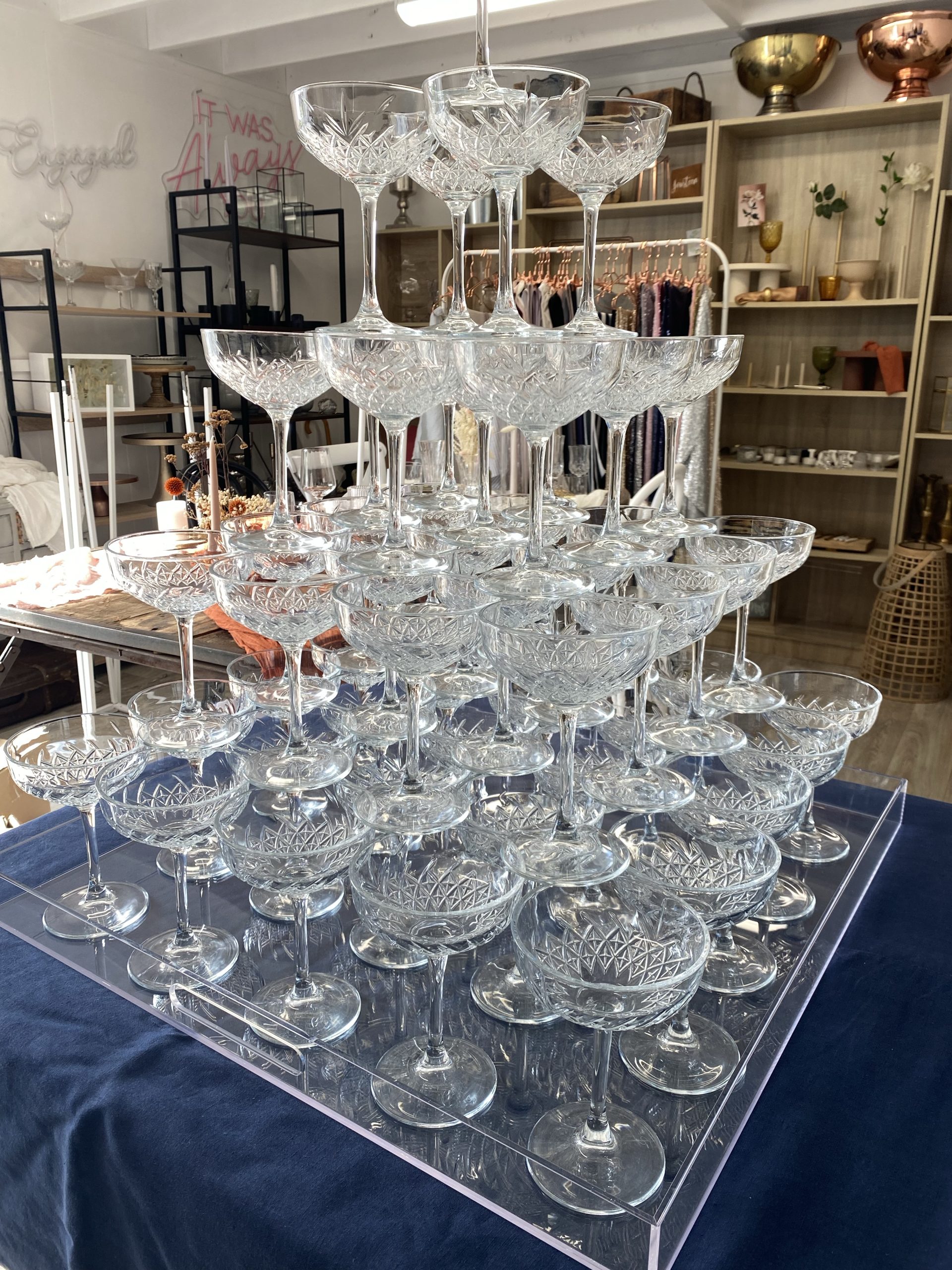 Etched Coupe Champagne Tower & Tray Set - 4 Tier 30pc - The Pretty Prop ...